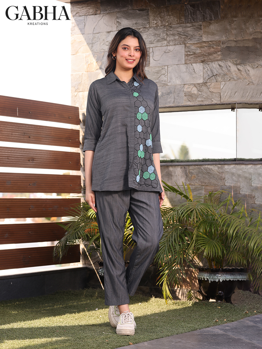 Denim Embroidery Plain Co-ord - Gabha Kreation